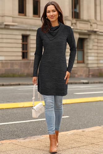 STYLEWORD 2024 Fall Sweater Dress Women's Tunic Tops for Leggings Long Sleeve Cowl Neck Elbow Patchs Casual Sweatshirts(Black3197,L)