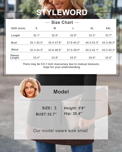 STYLEWORD 2024 Fall Sweater Dress Women's Tunic Tops for Leggings Long Sleeve Cowl Neck Elbow Patchs Casual Sweatshirts(Black3197,L)