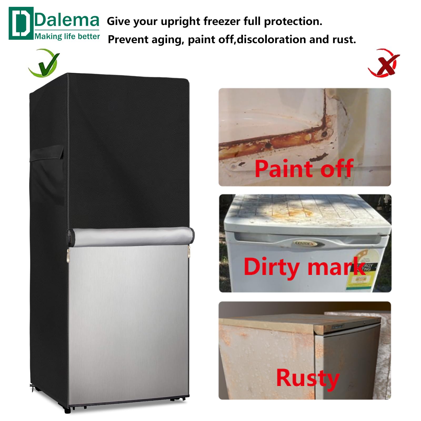 Dalema Outdoor Refrigerator Cover,600D Heavy Duty 100% Waterproof Upright Freezer Cover,Outside Stand Up Fridge Covers.Front Can Be Rolled-Up by Zippers.(Black,24" W x 30" D x 67" H)