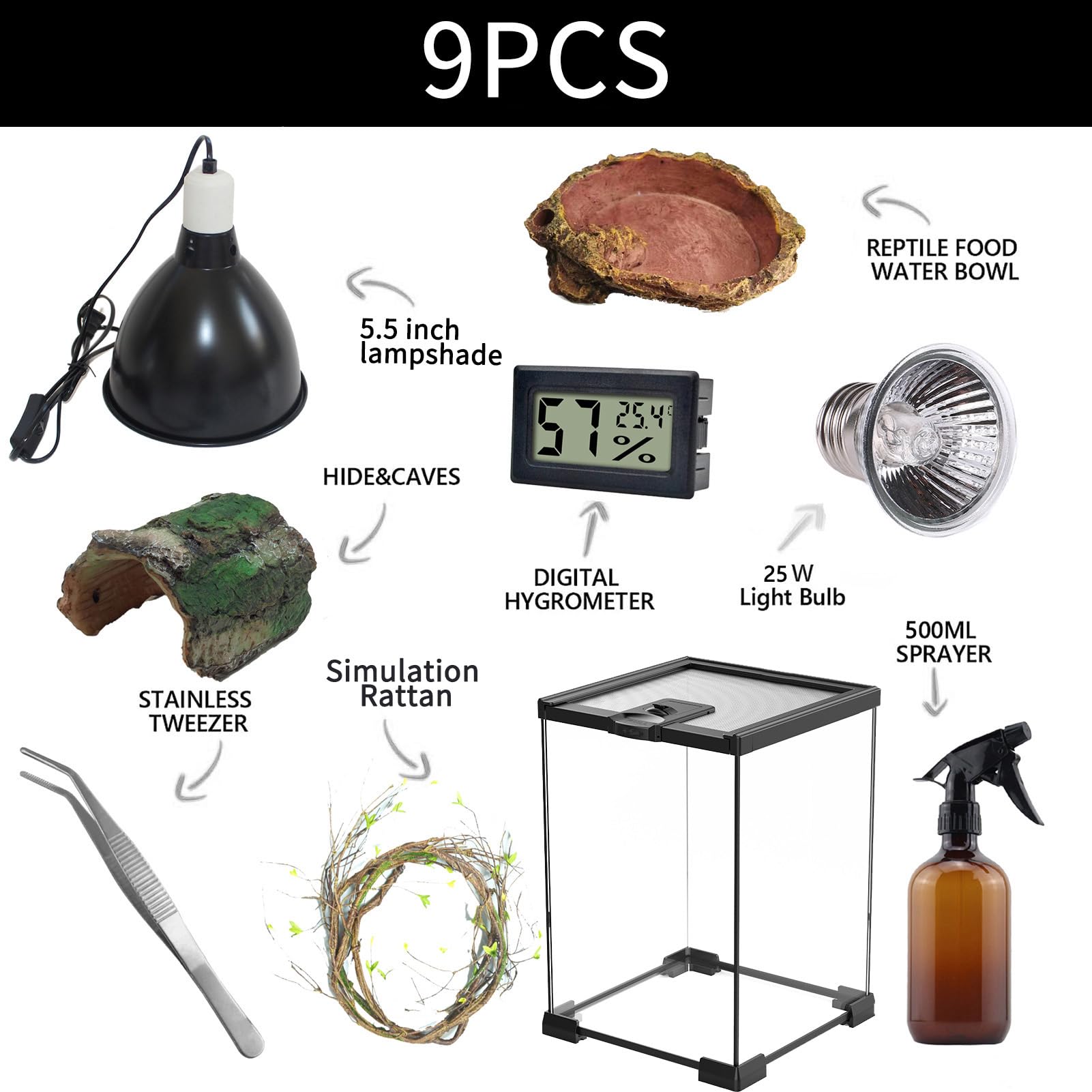 SARUFO Reptile Terrarium (9Pieces) 8 * 8 * 12 Amphibian Vertical Habitat Tank Starter Kit, Suitable for Small Reptiles Such as Geckos, Snakes, Lizards, Chameleons, Serpents(8 * 8 * 12 inchs)
