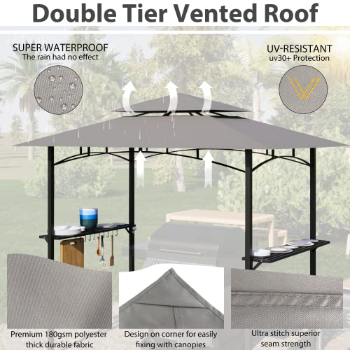 8x5 Ft Grill Gazebo, Double Tiered Outdoor BBQ Gazebo w/Hook & Bar, Bottle Opener, Barbecue Grill Gazebo Shelter for Patio, Garden, Beach, Backyard (Gray + Iron)