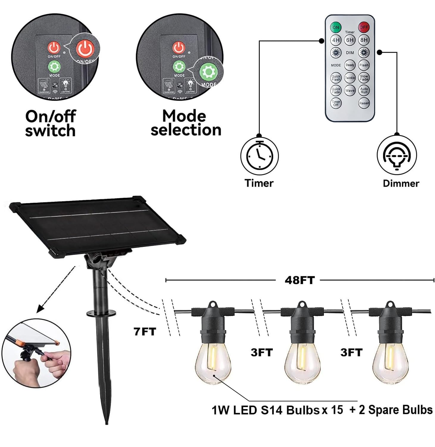 Stright 48FT Solar Powered String Light with Remote Control 8 Light Modes, Weatherproof Shatterproof LED Bulb 15 Sockets Outdoor Strand Patio Light for Fence Backyard