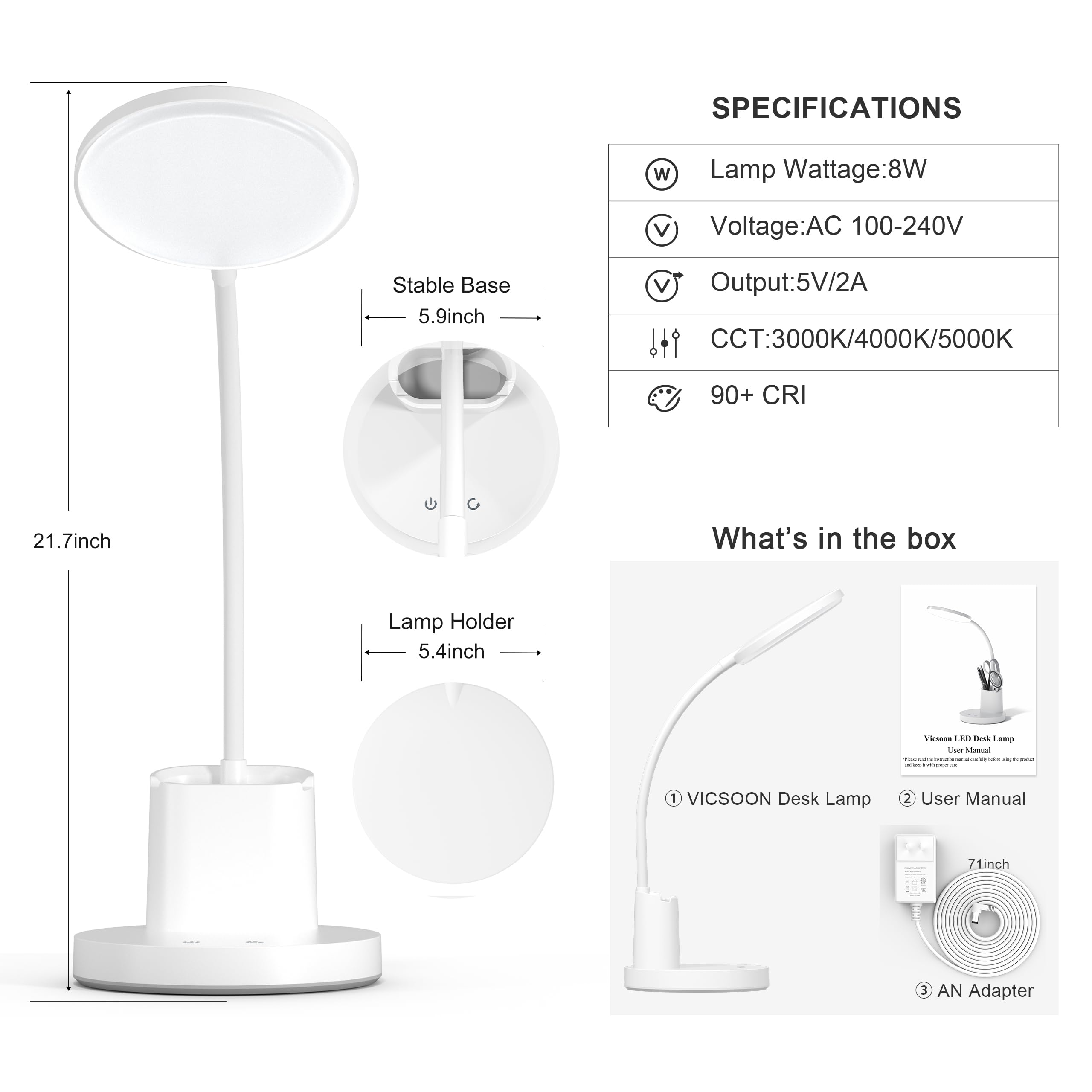 Vicsoon Desk Lamp, LED Desk Lamp for Home Office, Touch Table Lamp with 3 Color Modes 360° Adjustable Arm, Dimmable Desk Light with Pen Phone Holder, White