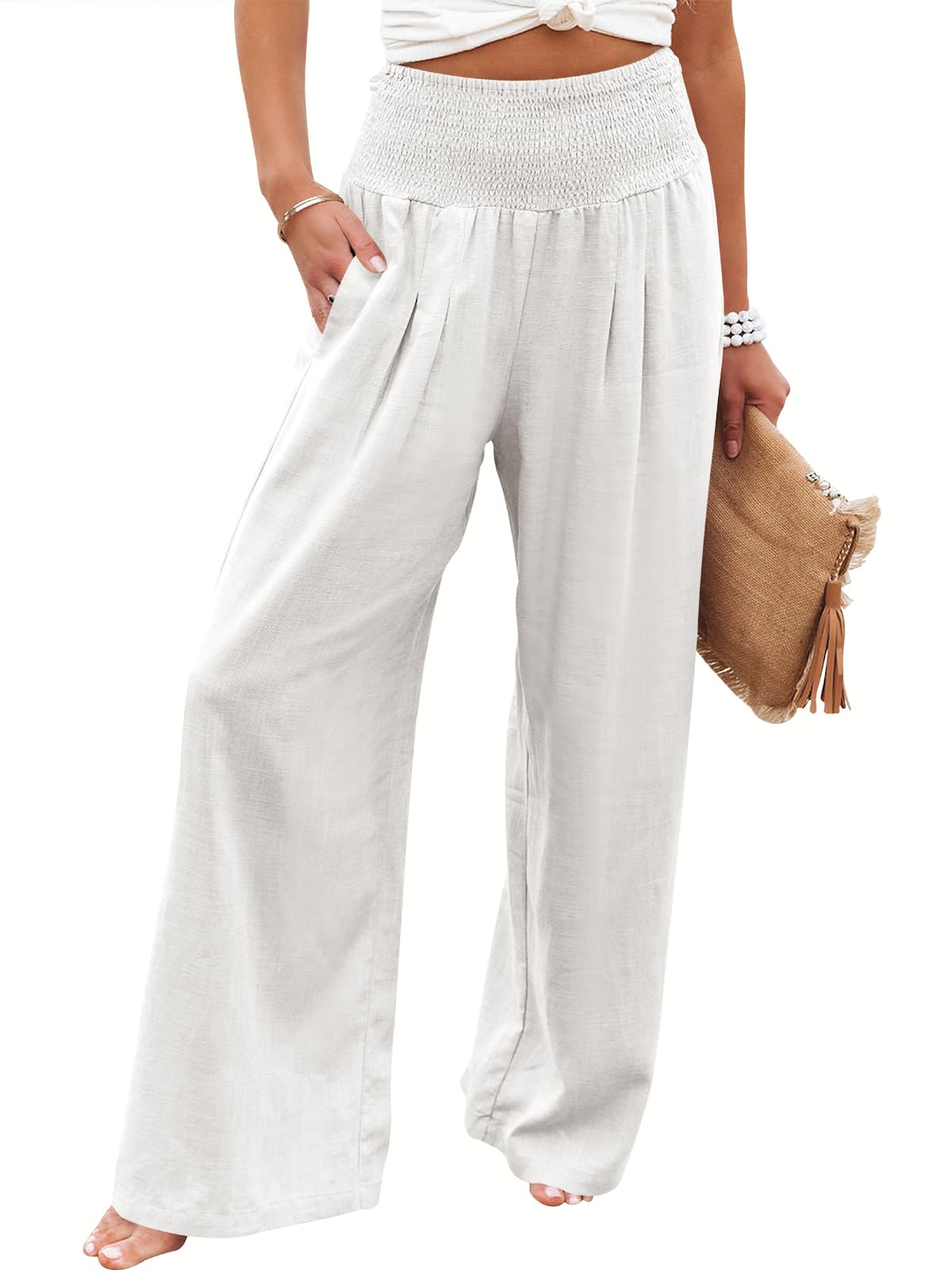 Caracilia Flowy Pants for Women Summer Beach Linen Wide Leg High WAIS Smocked Trousers Casual Lightweight Vacation Palazzo Lounge Pant with Pocket White C109A1-mibai-XL,X-Large