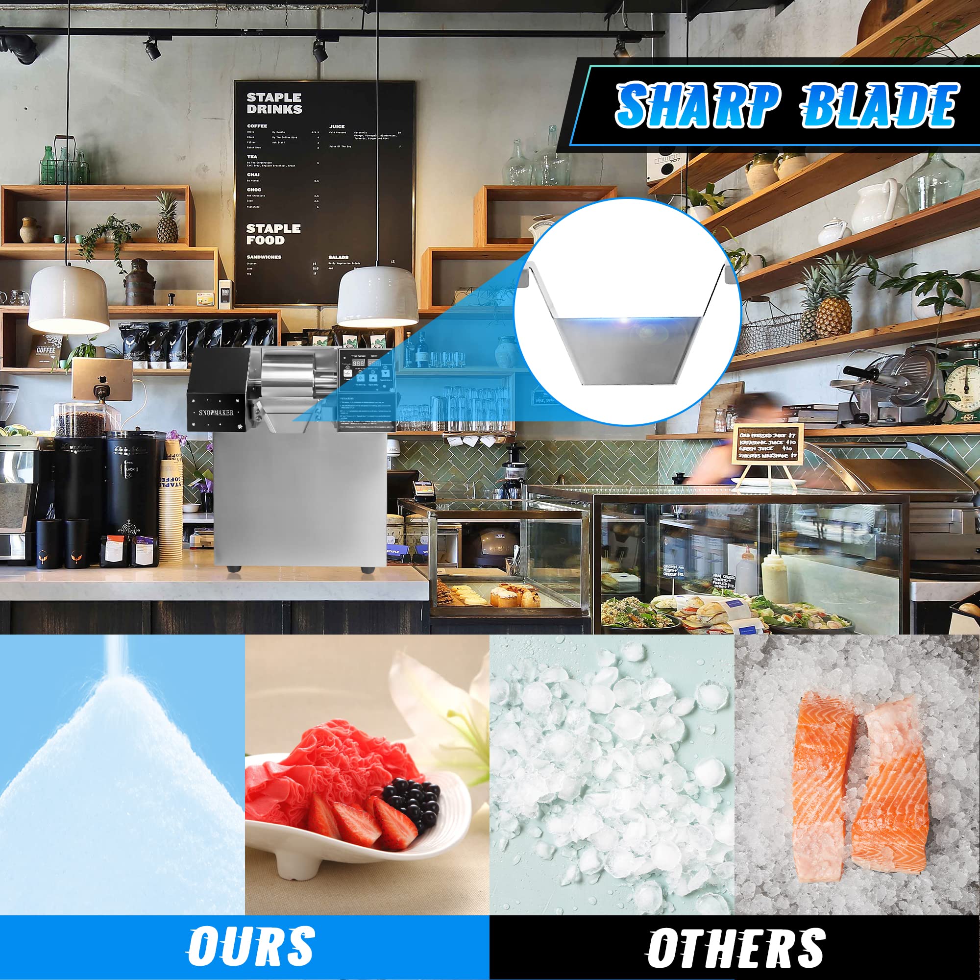 Snow Ice Machine Automatic Electric Ice Crusher and Ice Shaved Machine,1200W Water Cooled Countertop Snow Cone Slushie Maker With Stainless Steel Blade, Snowflake Machine For Commercial Use-485LBS/Day