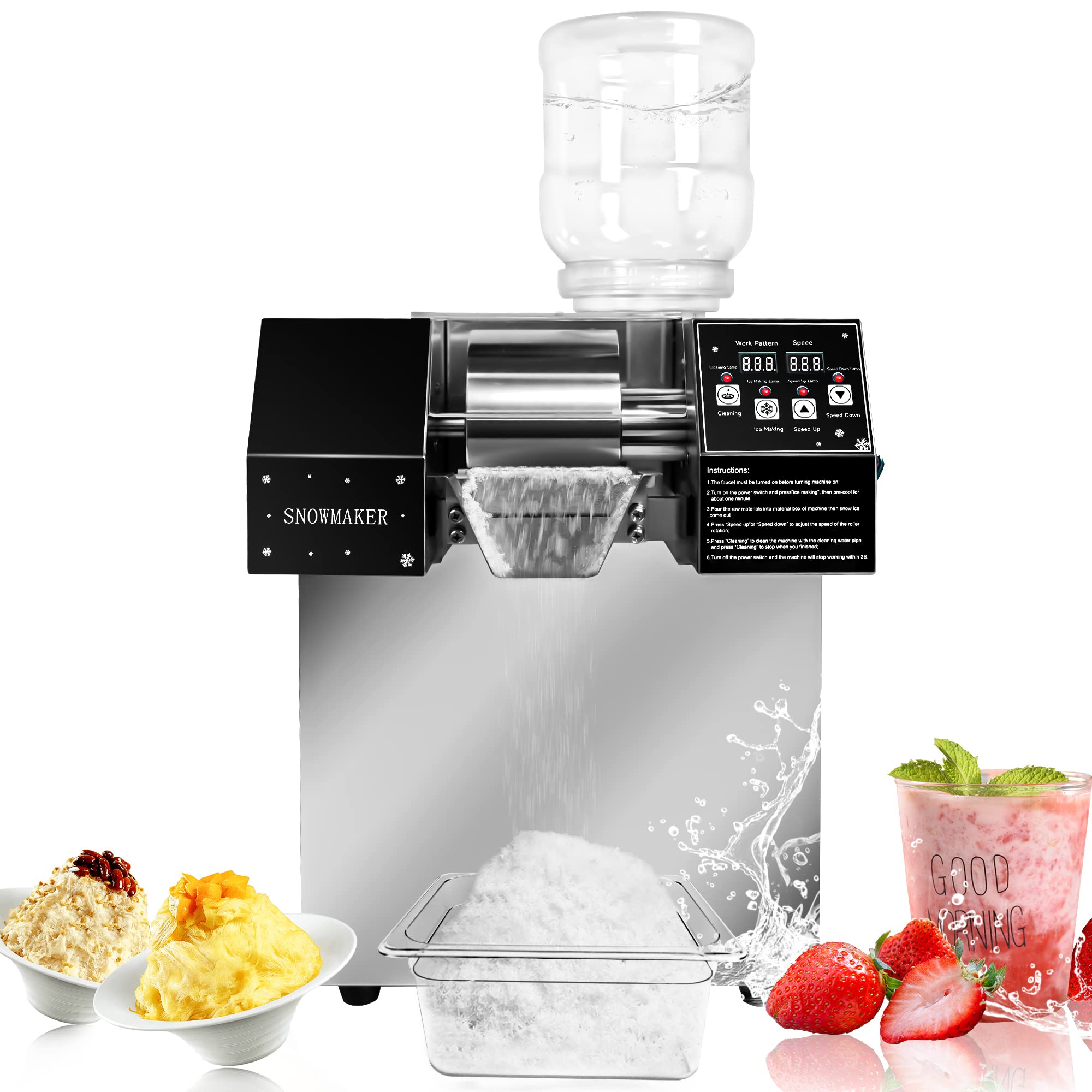 Snow Ice Machine Automatic Electric Ice Crusher and Ice Shaved Machine,1200W Water Cooled Countertop Snow Cone Slushie Maker With Stainless Steel Blade, Snowflake Machine For Commercial Use-485LBS/Day