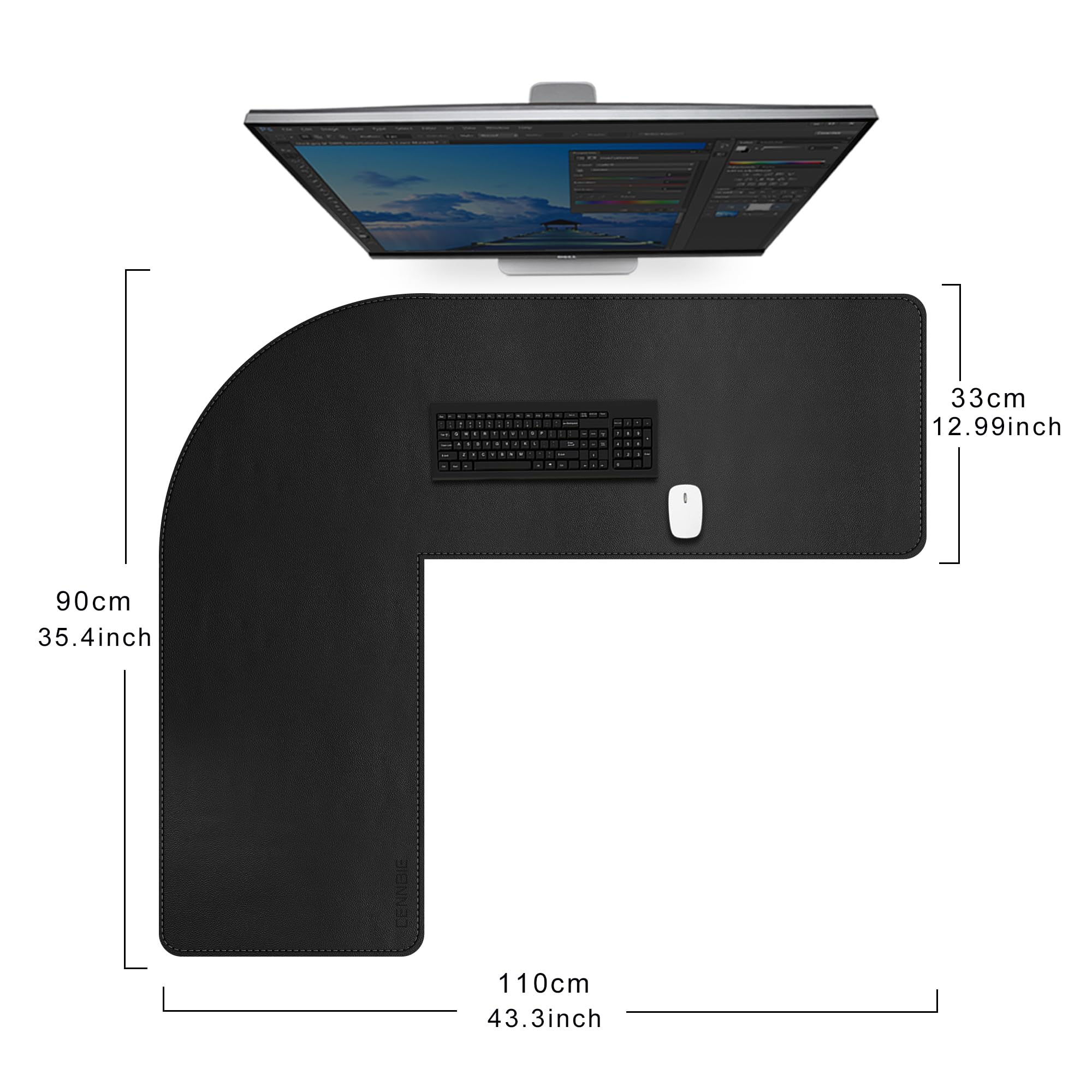 CENNBIE Dual Sided L Shaped Desk Pad,ββ35.5x43.3x13 inches Corner Leather Desk Pad,l Shaped Desk Gaming mat,Waterproof l Shaped Leather Mouse pad,Home Office Accessories Corner Desk Mat(Black)