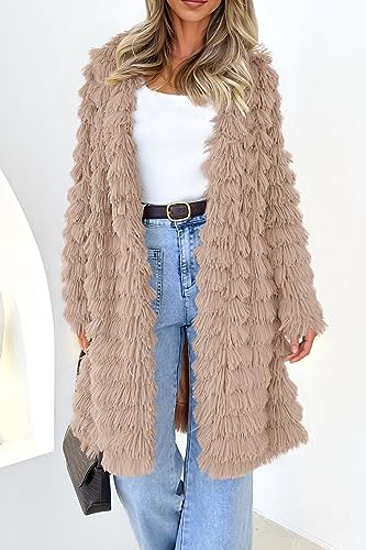 PRETTYGARDEN Women's Winter Faux Fur Jackets Fall Fashion Open Front Long Shaggy Coat Outerwear (Dark Khaki,Large)
