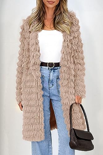 PRETTYGARDEN Women's Winter Faux Fur Jackets Fall Fashion Open Front Long Shaggy Coat Outerwear (Dark Khaki,Large)