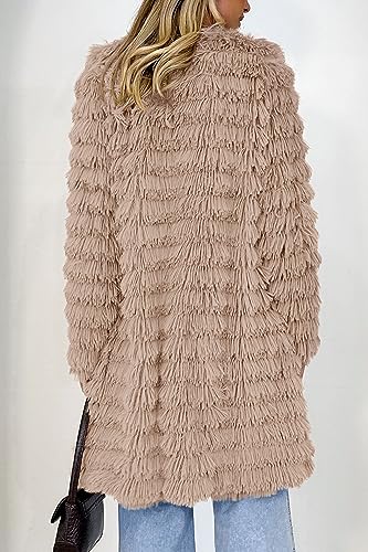 PRETTYGARDEN Women's Winter Faux Fur Jackets Fall Fashion Open Front Long Shaggy Coat Outerwear (Dark Khaki,Large)