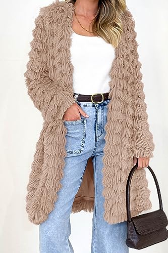 PRETTYGARDEN Women's Winter Faux Fur Jackets Fall Fashion Open Front Long Shaggy Coat Outerwear (Dark Khaki,Large)