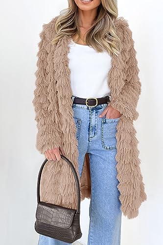 PRETTYGARDEN Women's Winter Faux Fur Jackets Fall Fashion Open Front Long Shaggy Coat Outerwear (Dark Khaki,Large)
