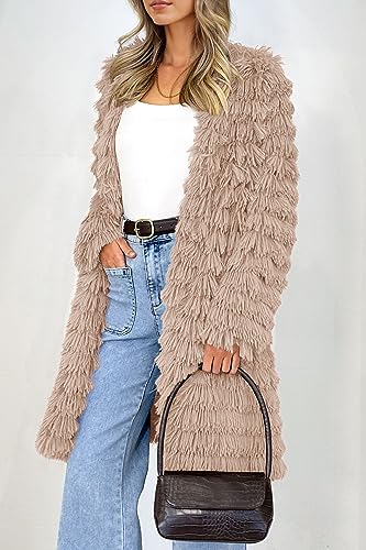 PRETTYGARDEN Women's Winter Faux Fur Jackets Fall Fashion Open Front Long Shaggy Coat Outerwear (Dark Khaki,Large)