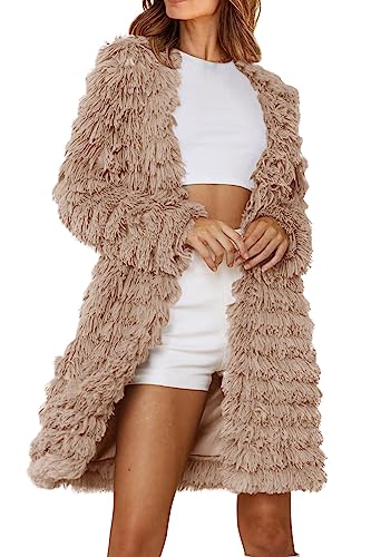 PRETTYGARDEN Women's Winter Faux Fur Jackets Fall Fashion Open Front Long Shaggy Coat Outerwear (Dark Khaki,Large)