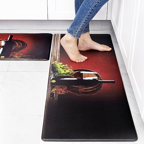 Alishomtll 2 PCS Kitchen Rugs and Mats, Farmhouse Kitchen Rugs Sets of 2, Red Wine Floor Mat, Cushioned Anti Fatigue Non Slip Washable Kitchen Mats for Floor (17.3"x30"+17.3"x47")