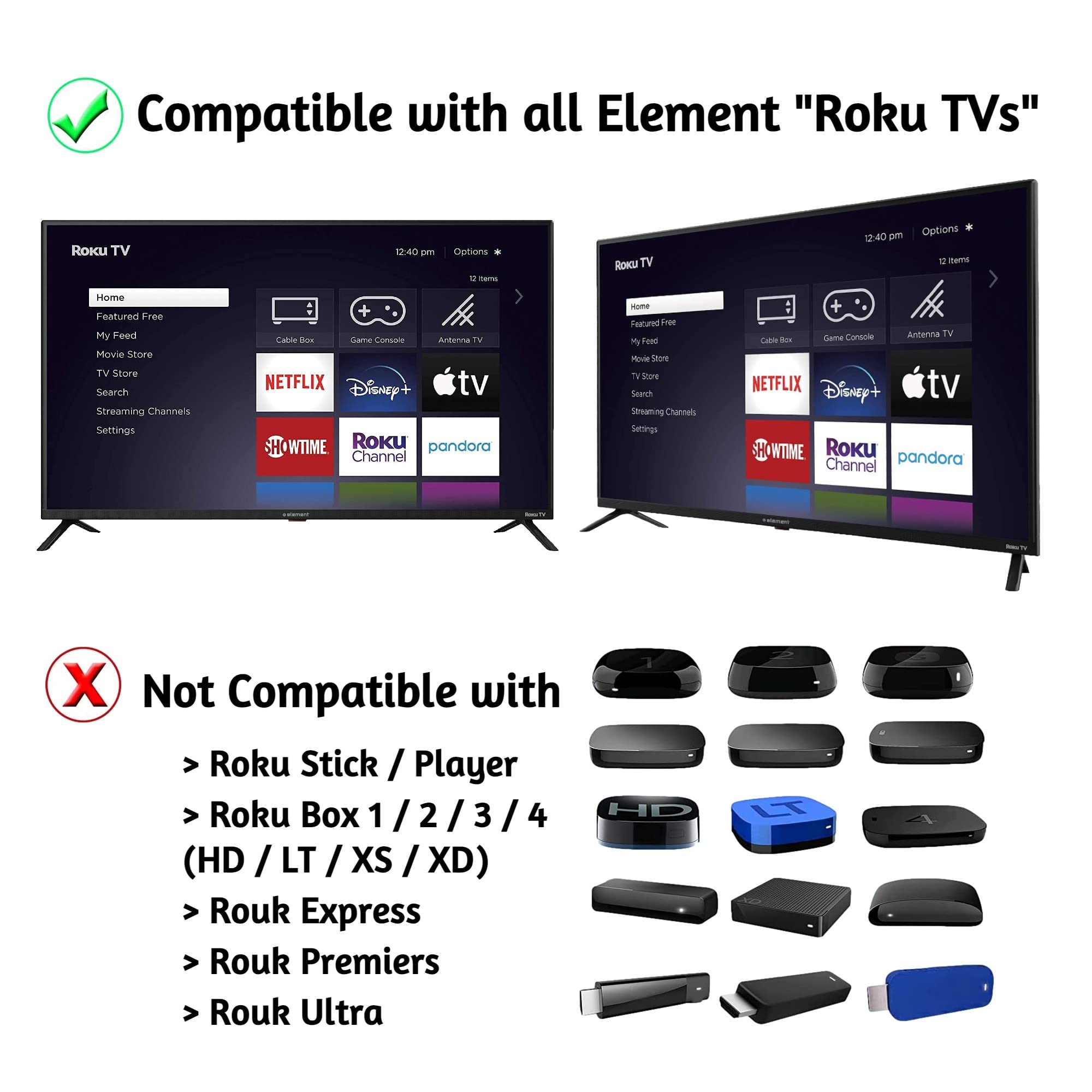 2 Pack - OEM Replacement Remote Control fit for All Element Roku TV Smart 4K Ultra HDTV 【Only Works with Element Roku TV, Not for Roku Stick and Roku Box】 (Netflix/Disney Plus/Apple TV+ / Hulu)