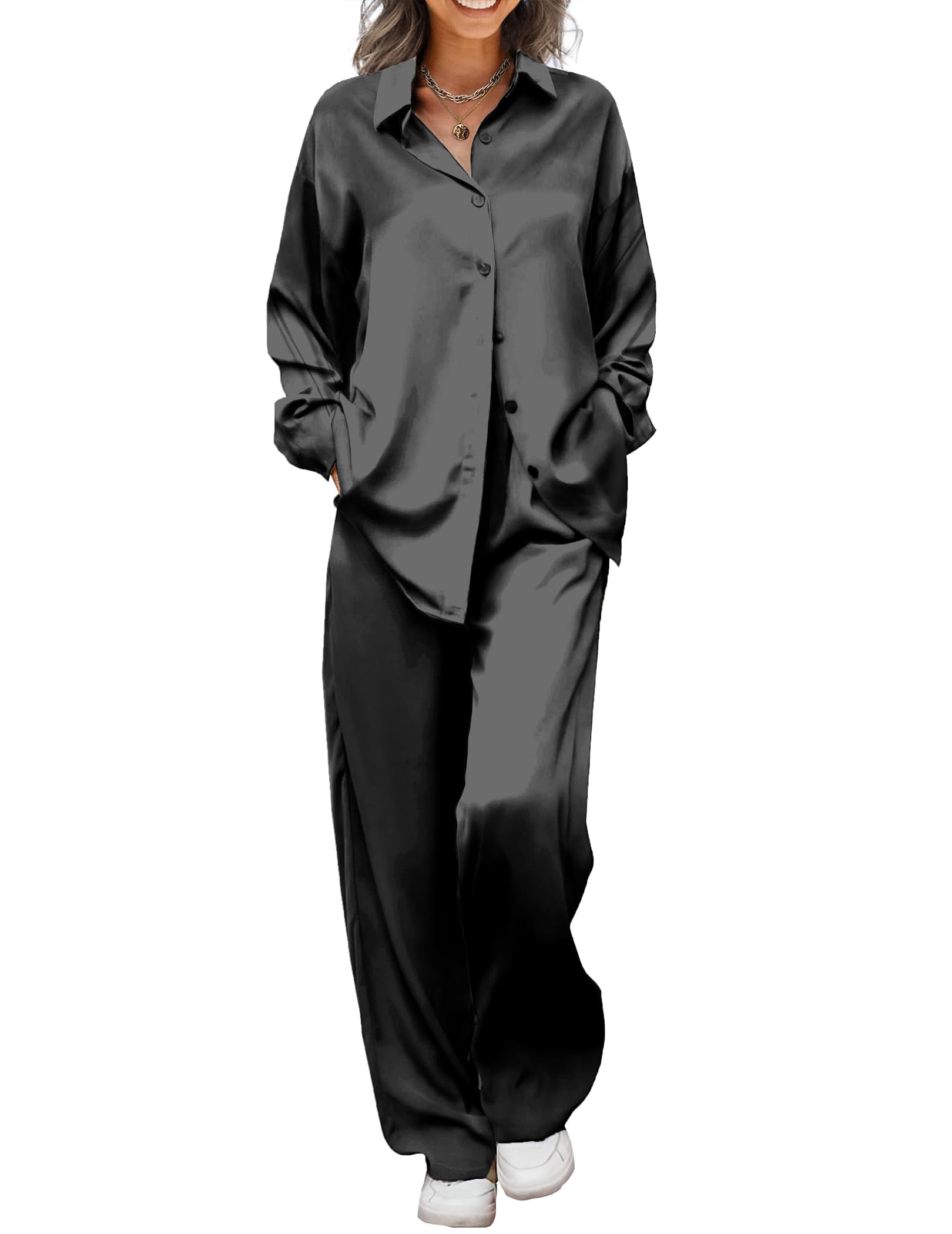 Ekouaer Womens 2 Piece Silk Satin Pajama Set Long Sleeve Lounge Sets Button Down Shirts and Pants PJs Soft Sleepwear Sets Black M