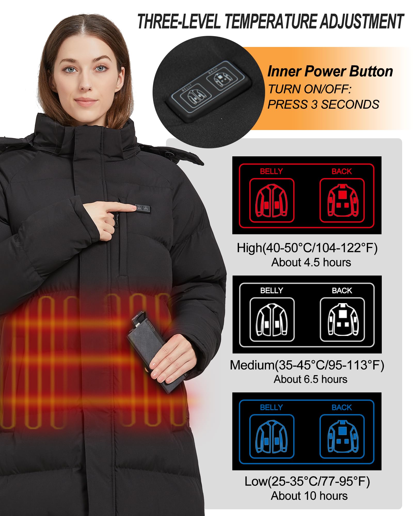 TRUNYAQI Women's Heated Long Jacket with Battery Pack Winter Coat for Women with Box