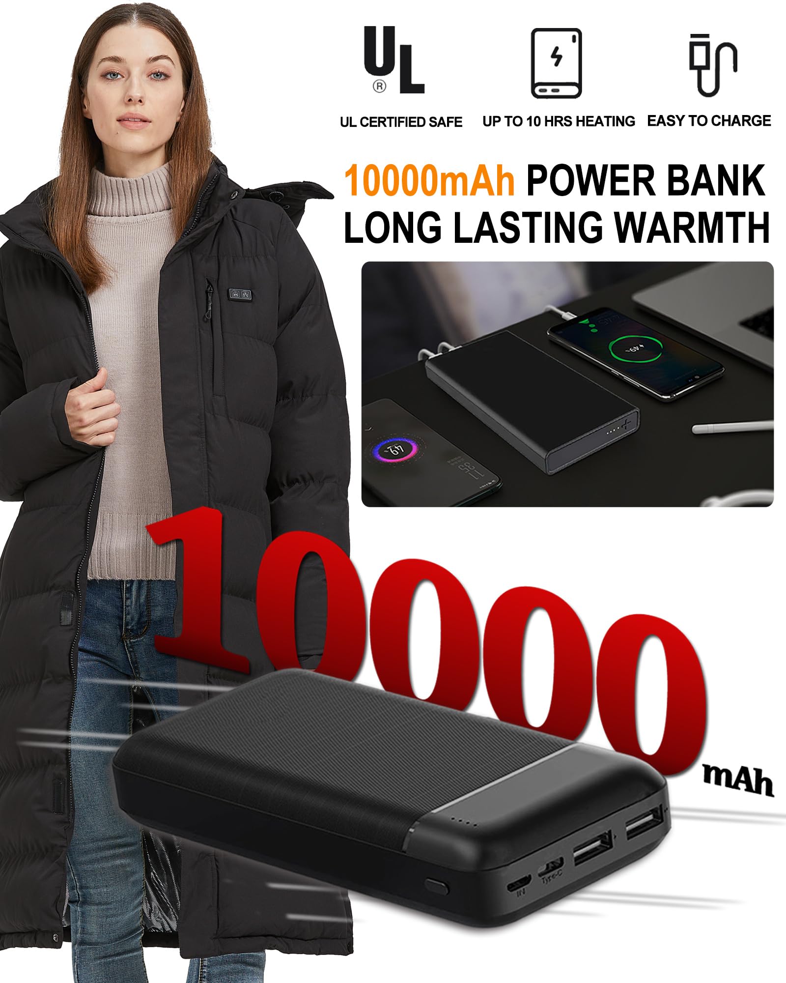 TRUNYAQI Women's Heated Long Jacket with Battery Pack Winter Coat for Women with Box