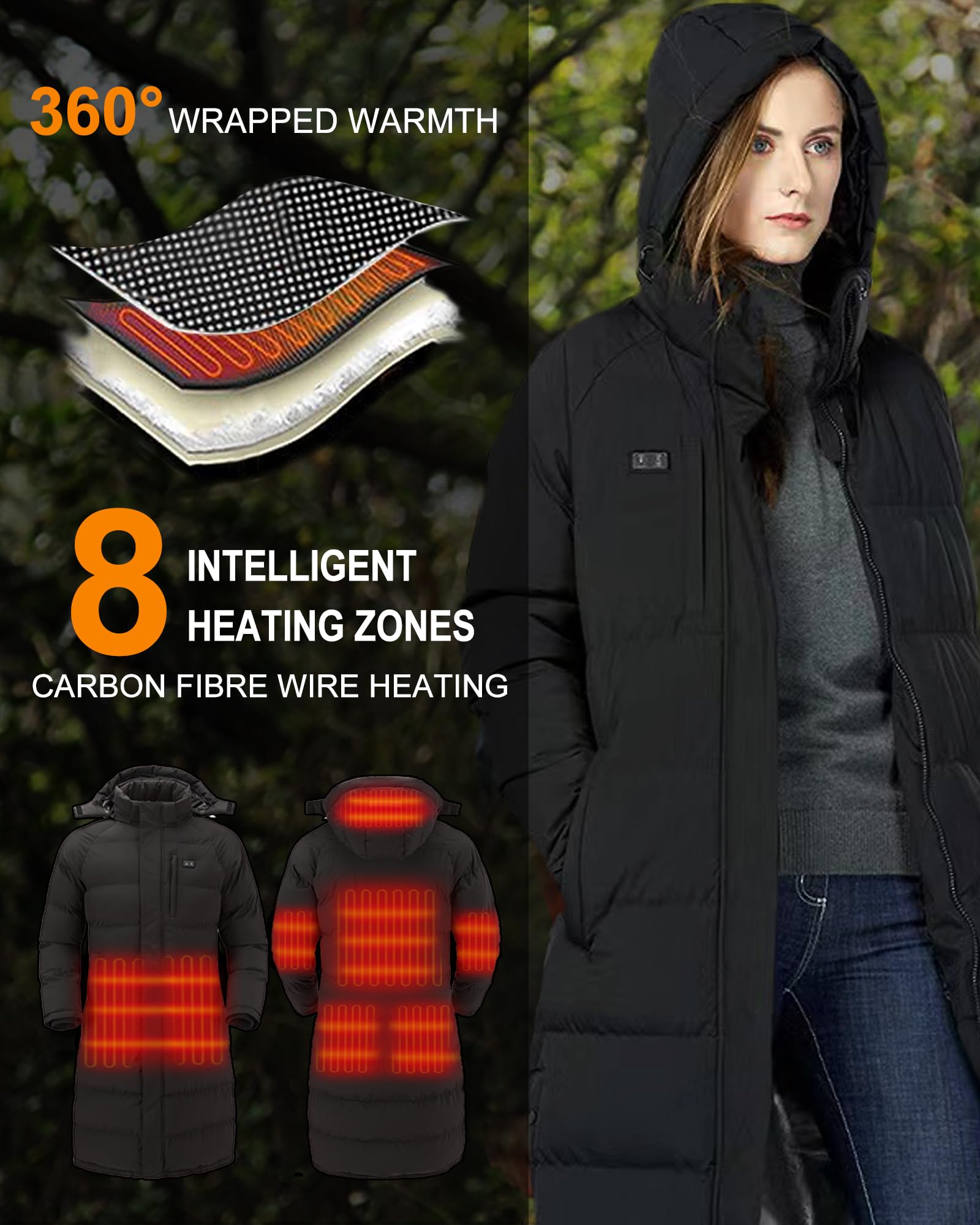 TRUNYAQI Women's Heated Long Jacket with Battery Pack Winter Coat for Women with Box