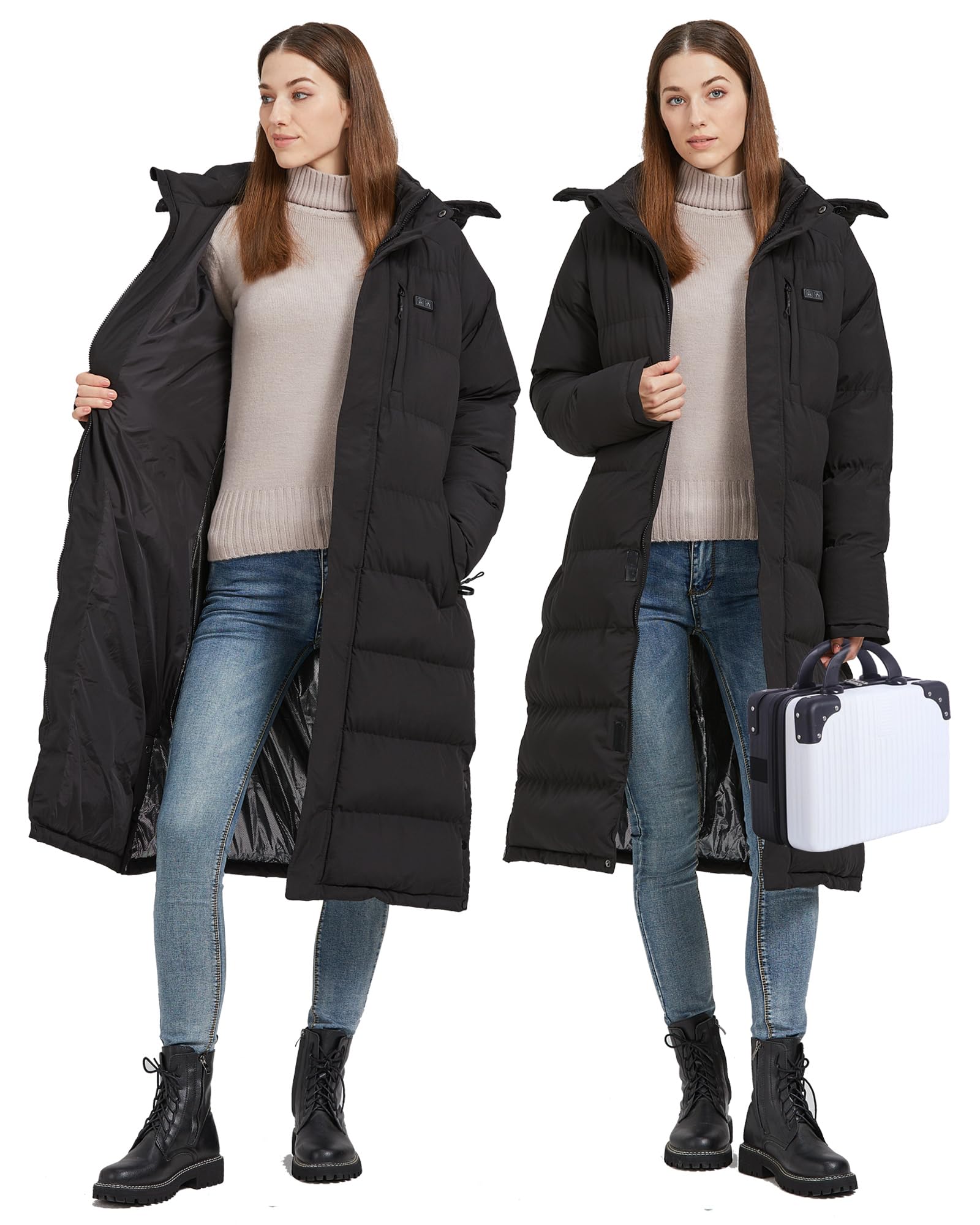 TRUNYAQI Women's Heated Long Jacket with Battery Pack Winter Coat for Women with Box