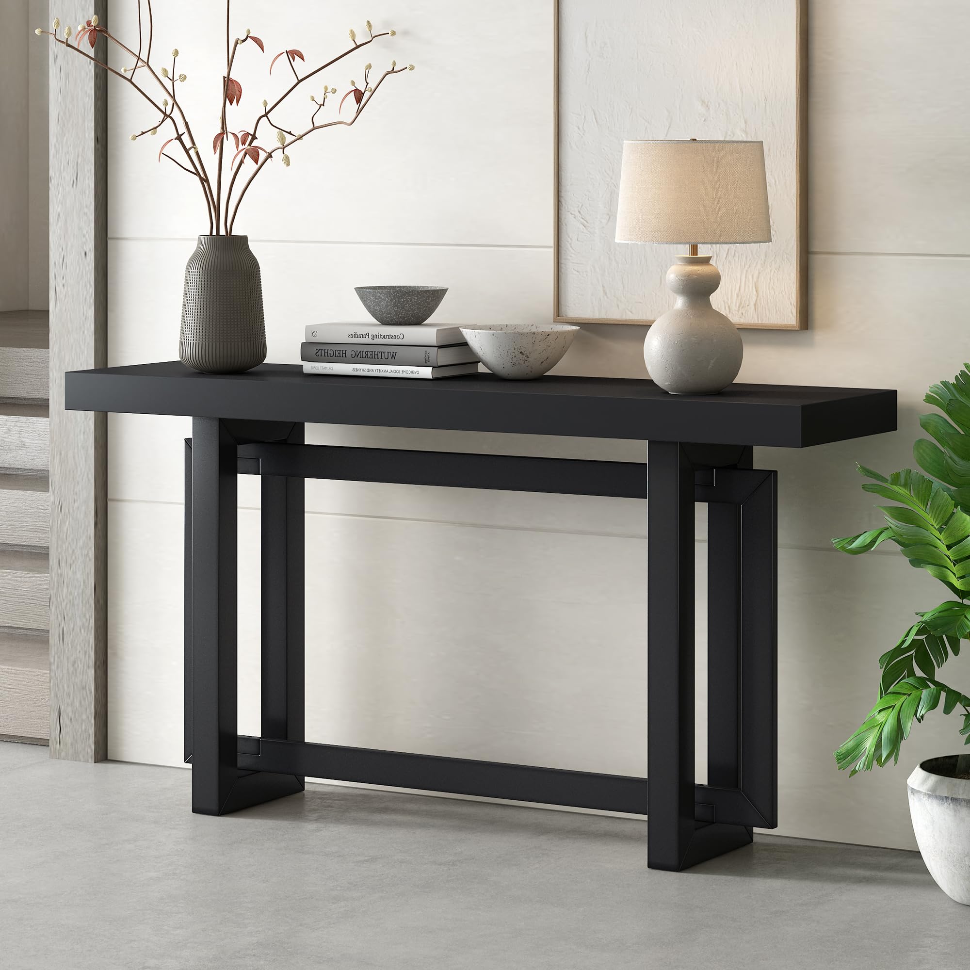 Contemporary Console Table with Industrial-inspired Concrete Wood Top, Accent Storage Cabinet Sofa Table, Buffet Storage Cabinet for Living Room Hallway Entryway Kitchen (Black + Solid Wood+MDF-O66)