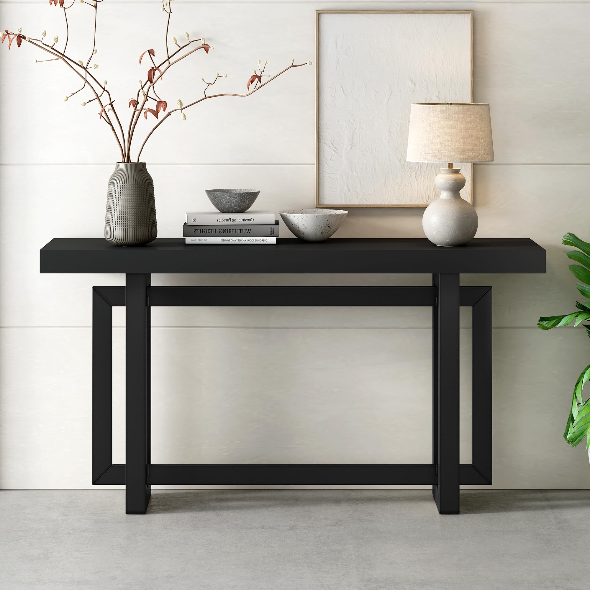 Contemporary Console Table with Industrial-inspired Concrete Wood Top, Accent Storage Cabinet Sofa Table, Buffet Storage Cabinet for Living Room Hallway Entryway Kitchen (Black + Solid Wood+MDF-O66)