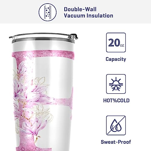 OTVEE 20 oz Tumbler with Lid and Straw, Vacuum Stainless Steel Insulated Coffee Travel Mug Cup, Double Walled BPF Free Leakproof Water Bottle Thermos for Sport Office, Floral Watercolor Alphabet F