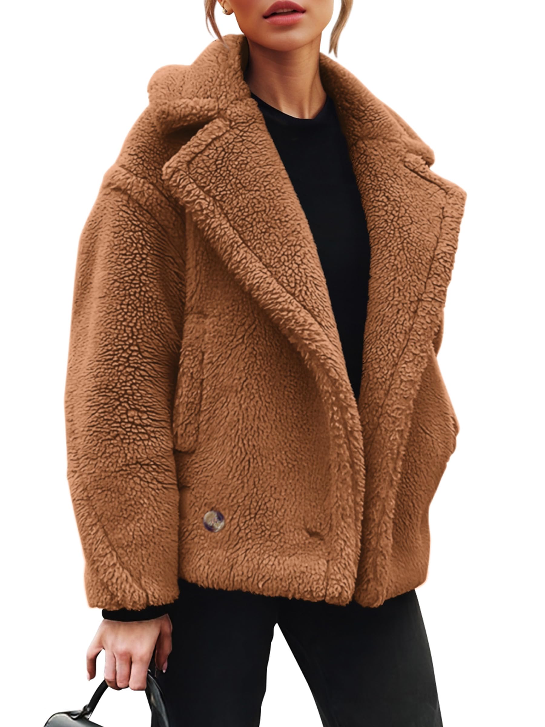 PRETTYGARDEN Womens 2024 Winter Fashion Sherpa Coats Lapel Fleece Jacket Long Sleeve Pockets Faux Fur Dressy Fall Outfits (Camel,Medium)