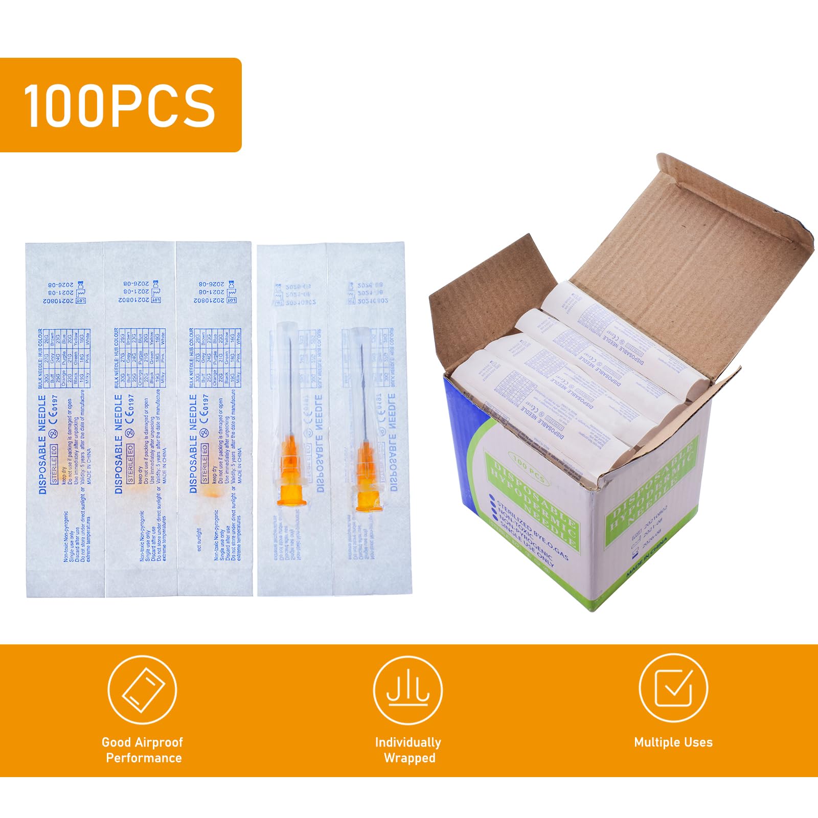 100Pack 25 Gauge 1/2 Inch Lab Needles, Disposable Luer Lock Supplies