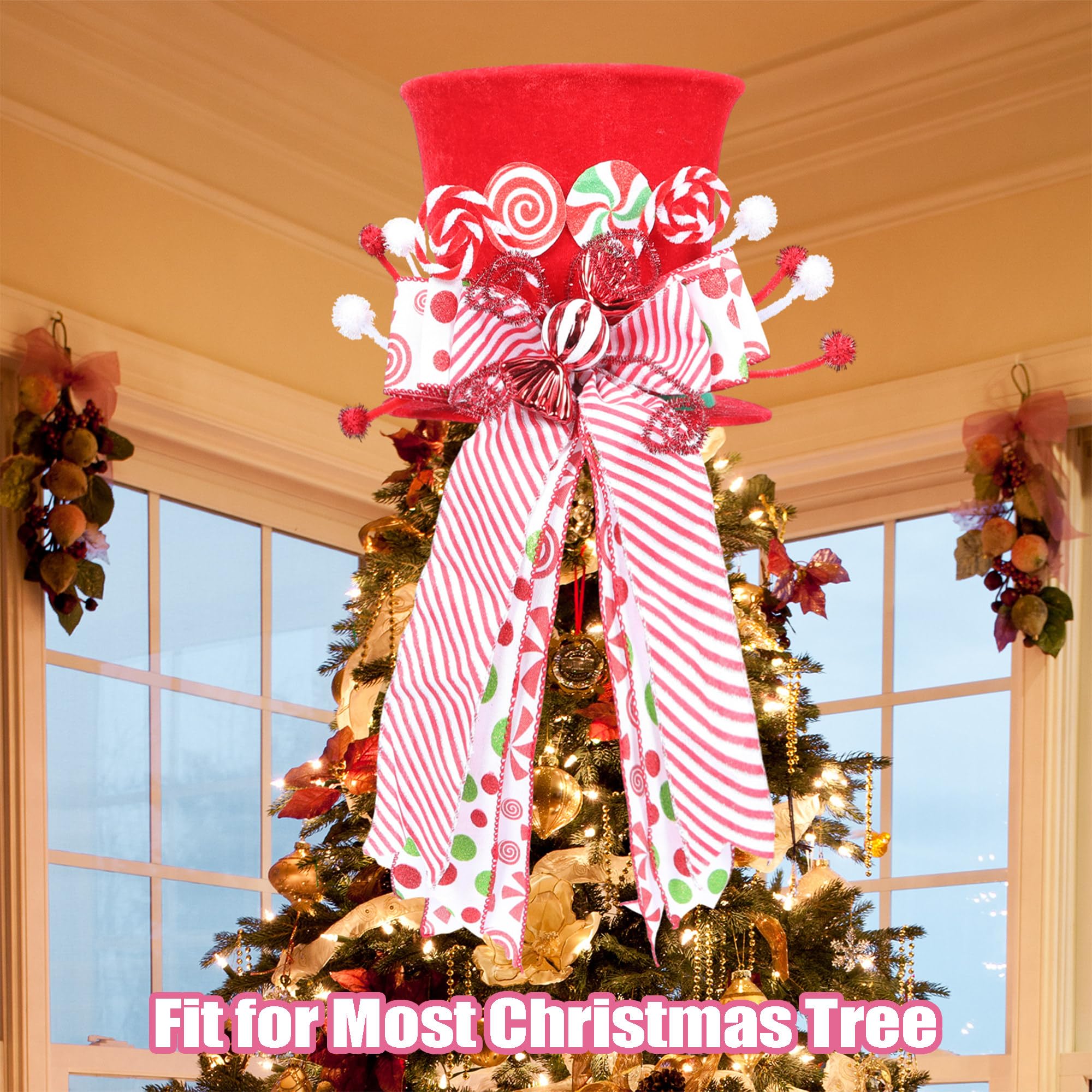 HMASYO Candy Cane Christmas Tree Topper, Large Red Tree Topper Hat with Candy Peppermint Bows Ribbon Ornament, Top Hat Christmas Tree Topper for Home Office Holiday Tree Decoration Xmas Gift