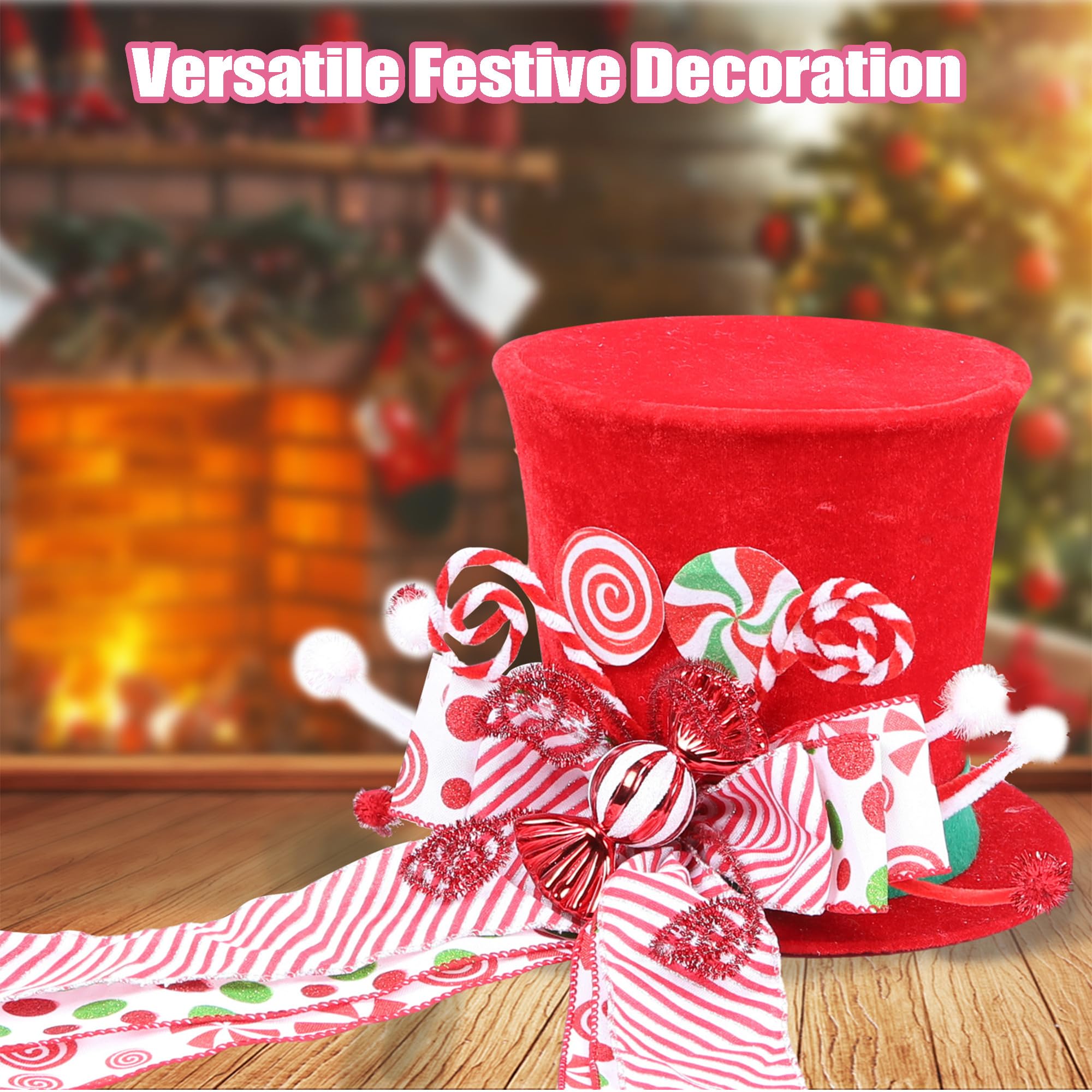 HMASYO Candy Cane Christmas Tree Topper, Large Red Tree Topper Hat with Candy Peppermint Bows Ribbon Ornament, Top Hat Christmas Tree Topper for Home Office Holiday Tree Decoration Xmas Gift