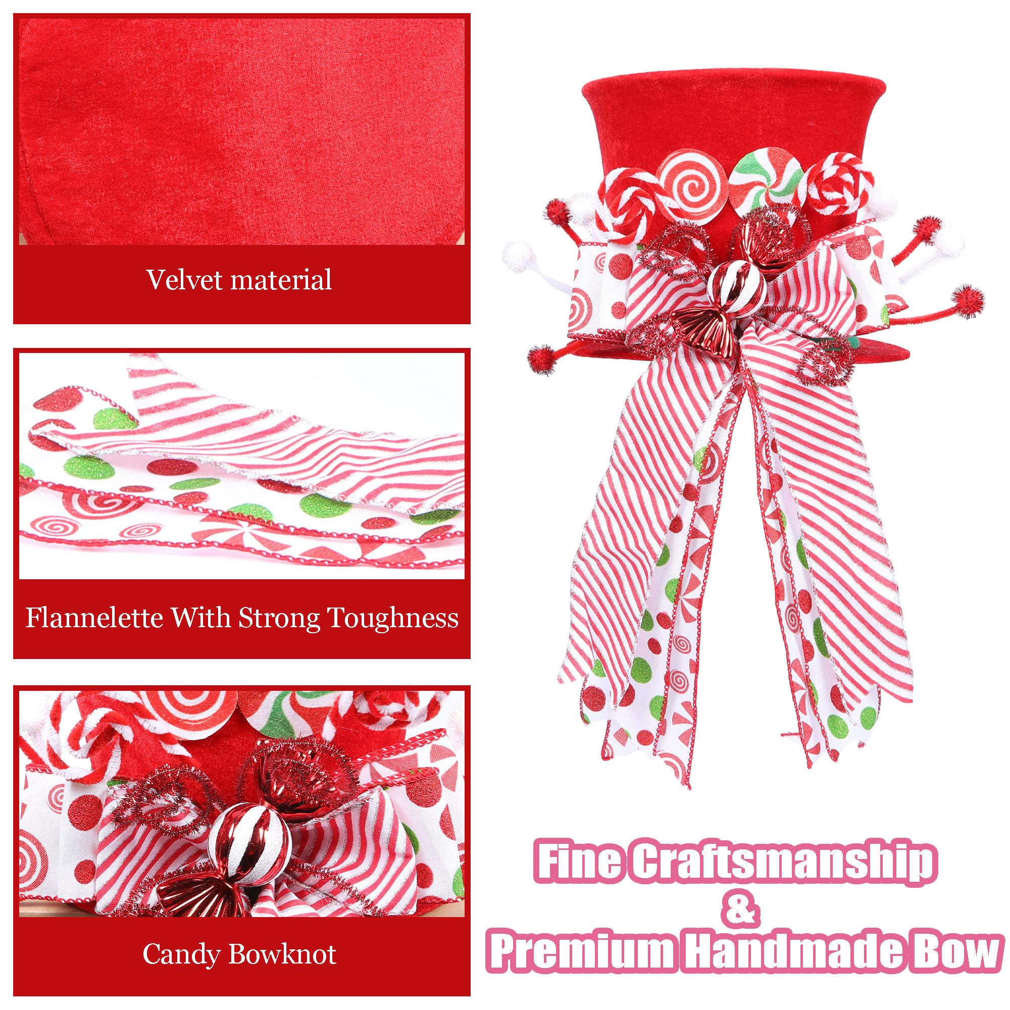 HMASYO Candy Cane Christmas Tree Topper, Large Red Tree Topper Hat with Candy Peppermint Bows Ribbon Ornament, Top Hat Christmas Tree Topper for Home Office Holiday Tree Decoration Xmas Gift