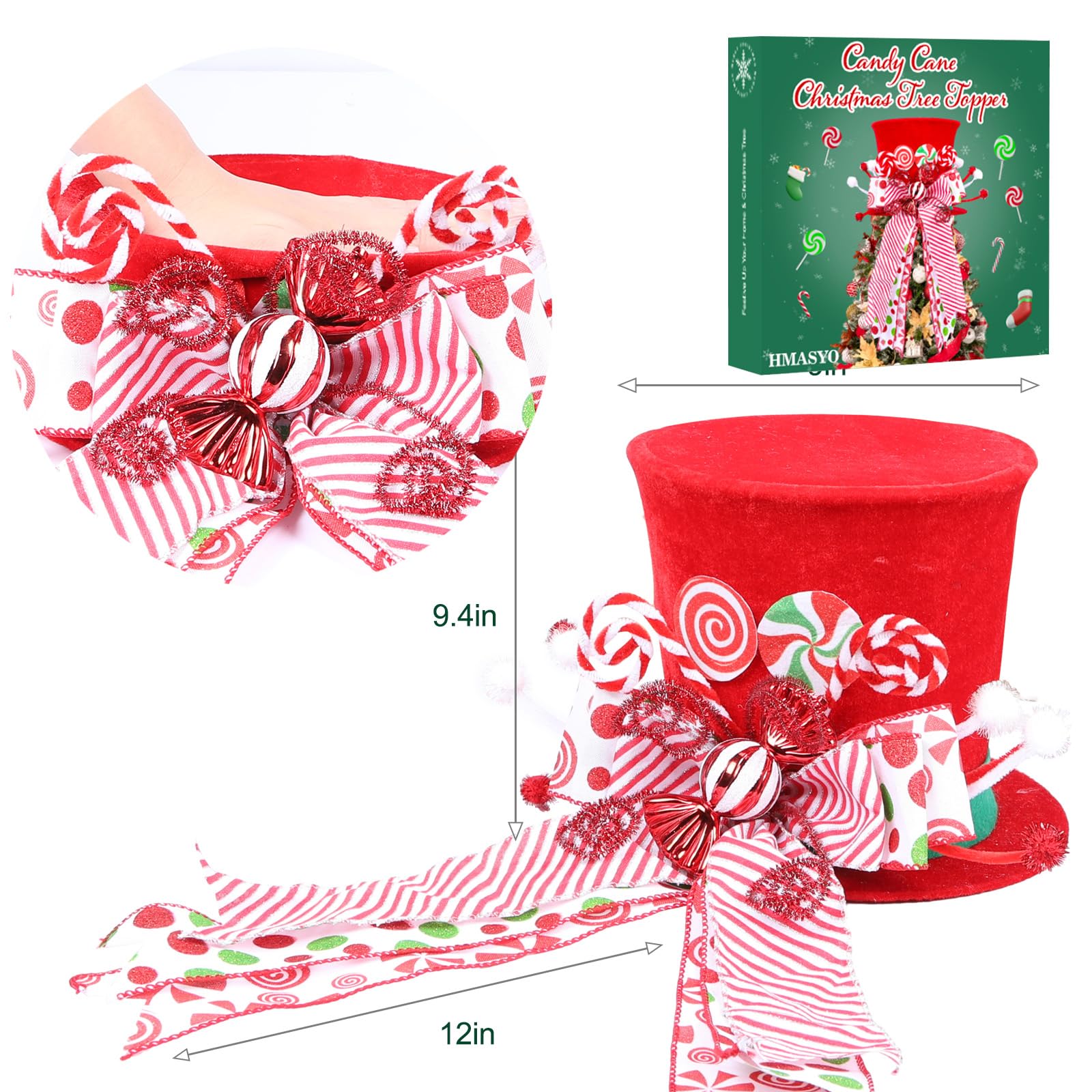 HMASYO Candy Cane Christmas Tree Topper, Large Red Tree Topper Hat with Candy Peppermint Bows Ribbon Ornament, Top Hat Christmas Tree Topper for Home Office Holiday Tree Decoration Xmas Gift