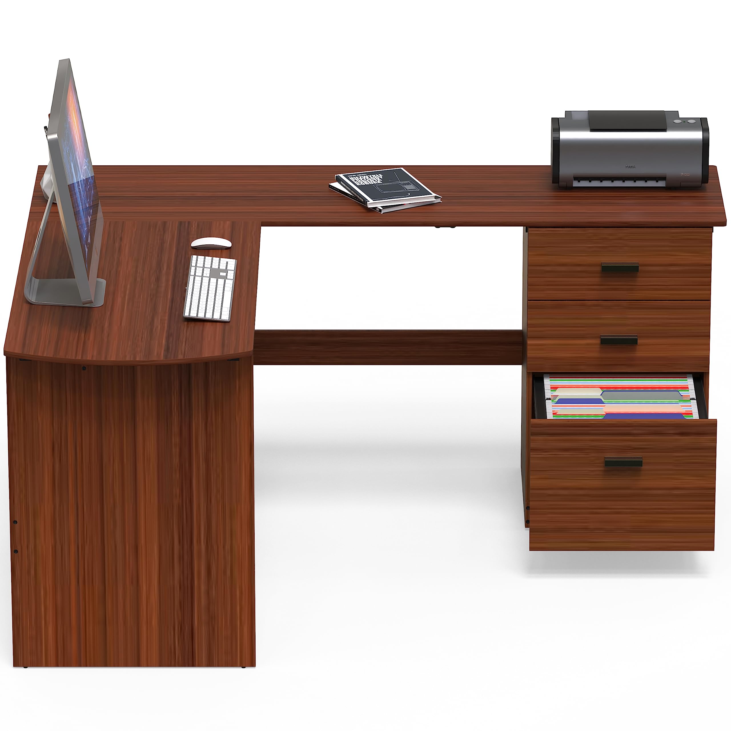 SHW L-Shaped Home Office Wood Corner Desk with 3 Drawers, Walnut