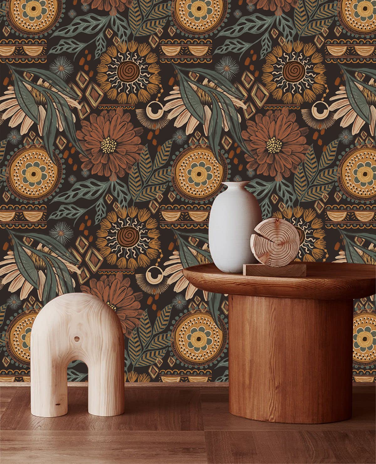 HAOKHOME Wallpaper Peel and Stick Floral Boho Brown/PeachPuff/Green Retro Wall Decor Bathroom Removable Mural 17.7in x 6.6ft