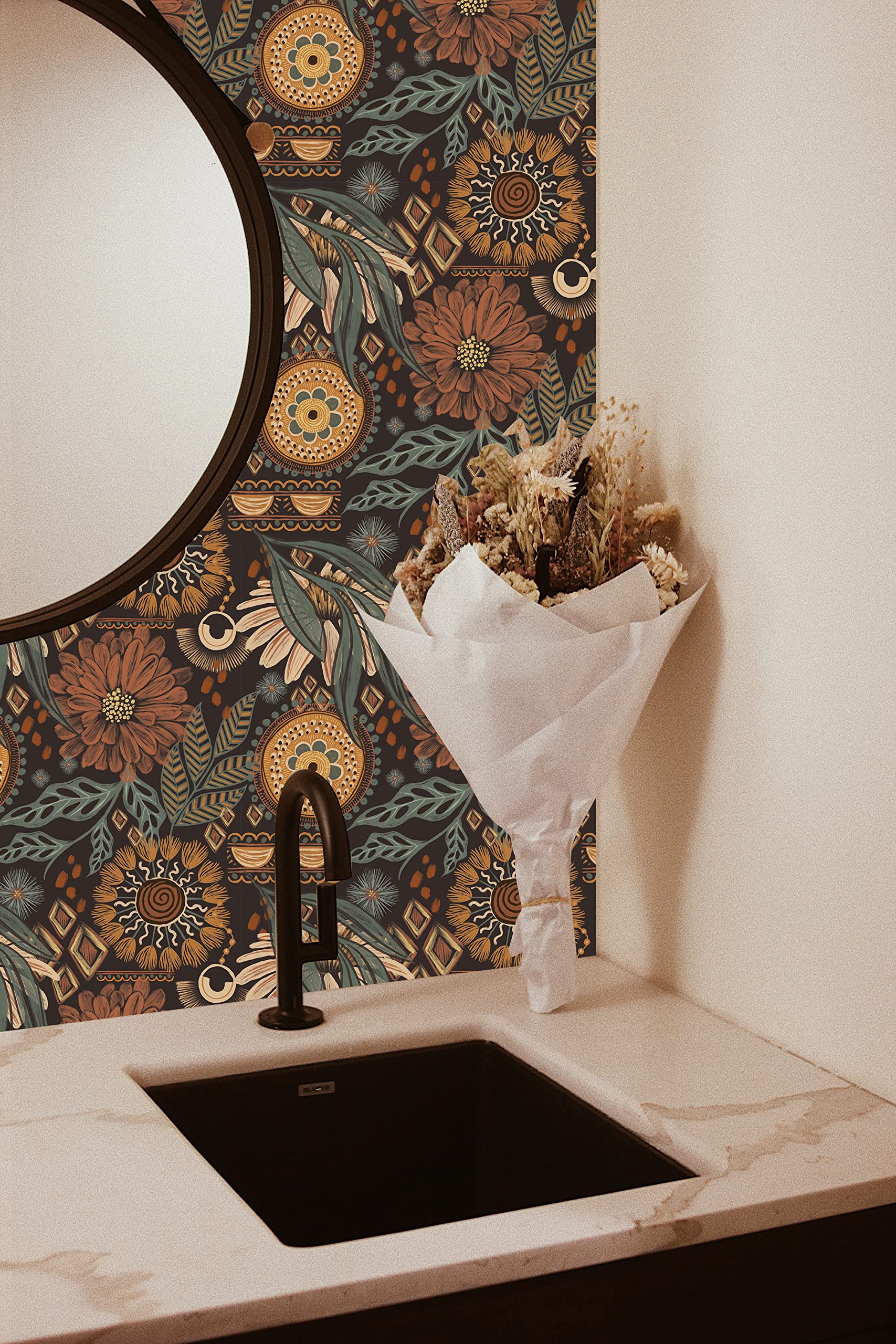 HAOKHOME Wallpaper Peel and Stick Floral Boho Brown/PeachPuff/Green Retro Wall Decor Bathroom Removable Mural 17.7in x 6.6ft