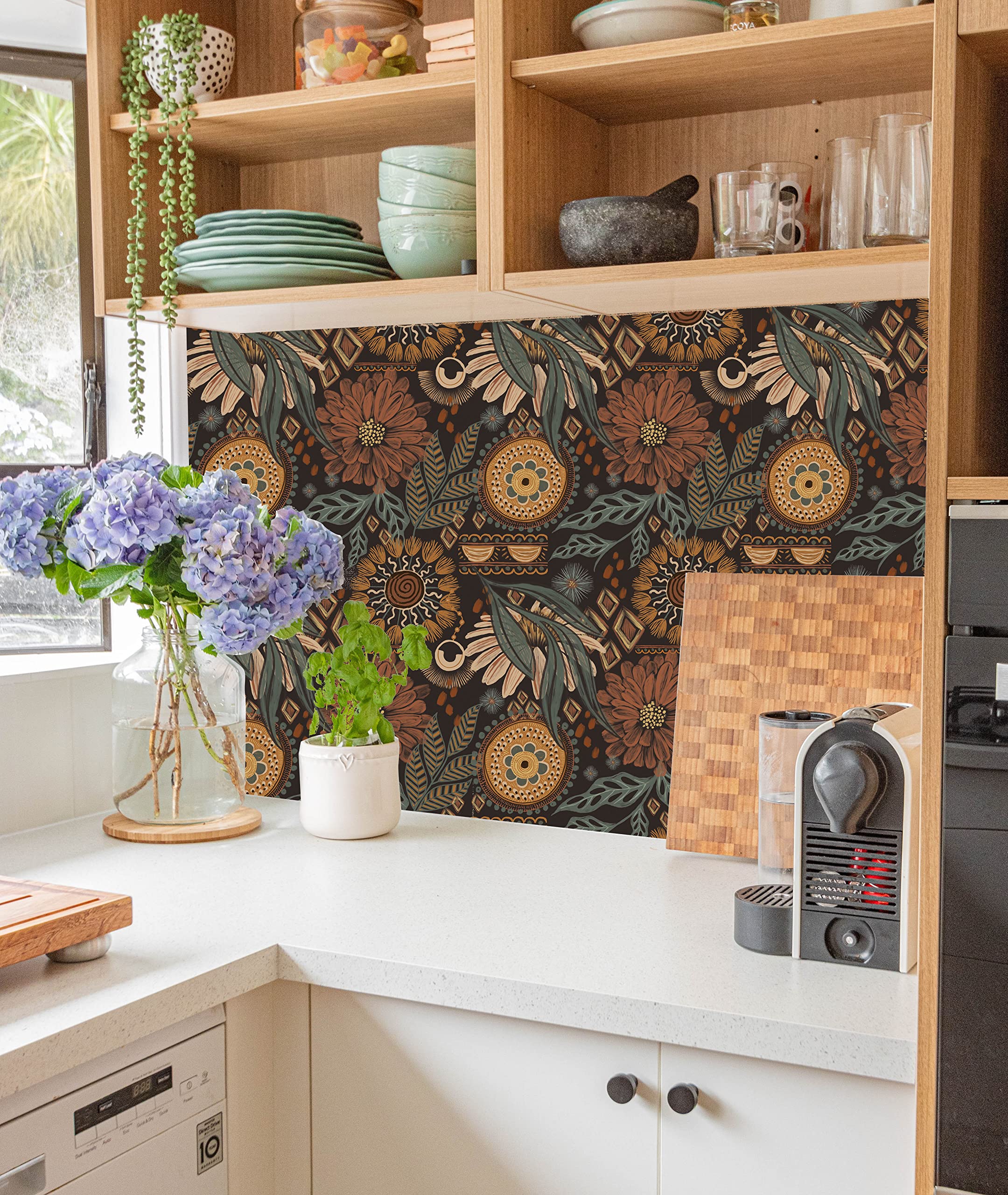 HAOKHOME Wallpaper Peel and Stick Floral Boho Brown/PeachPuff/Green Retro Wall Decor Bathroom Removable Mural 17.7in x 6.6ft