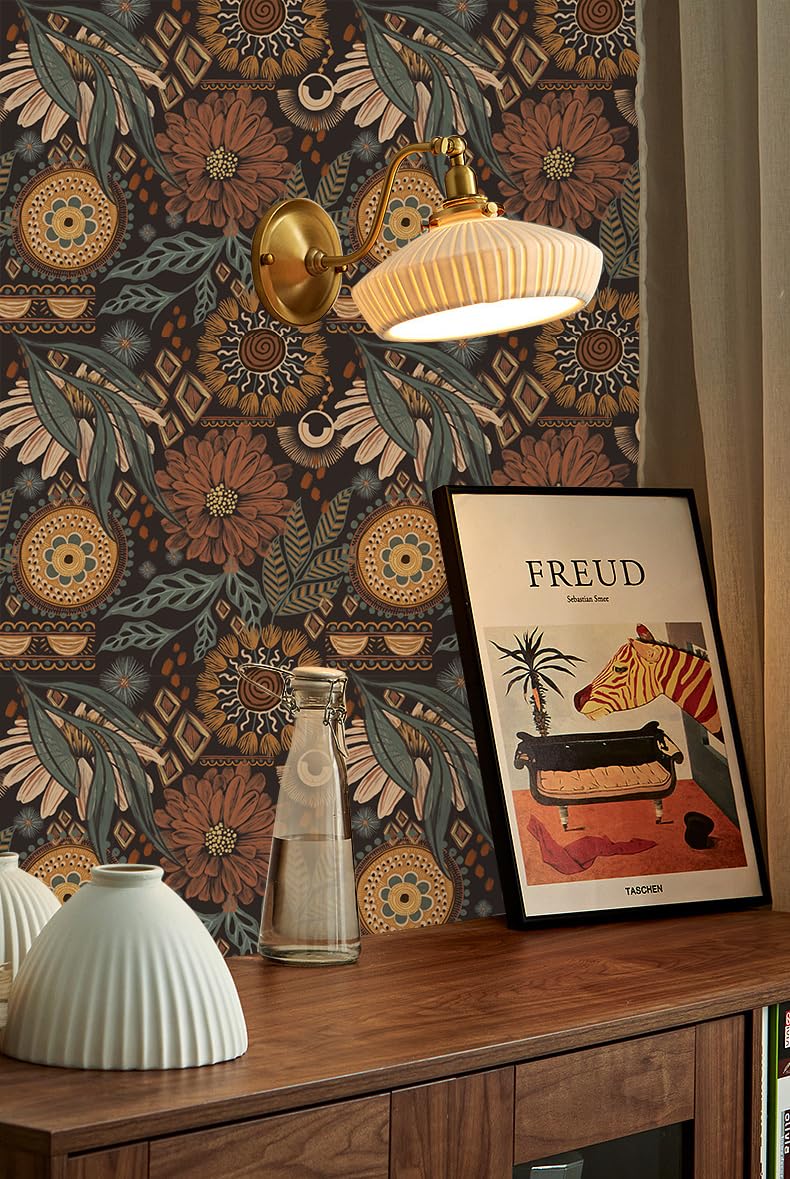 HAOKHOME Wallpaper Peel and Stick Floral Boho Brown/PeachPuff/Green Retro Wall Decor Bathroom Removable Mural 17.7in x 6.6ft