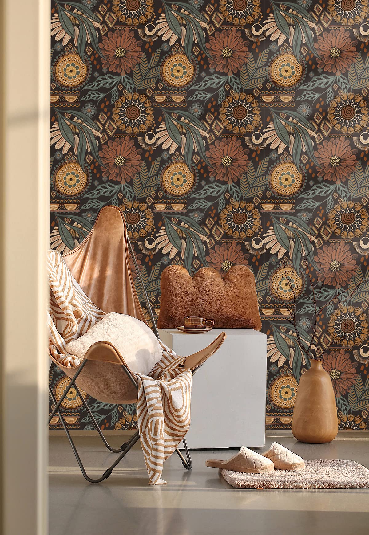 HAOKHOME Wallpaper Peel and Stick Floral Boho Brown/PeachPuff/Green Retro Wall Decor Bathroom Removable Mural 17.7in x 6.6ft