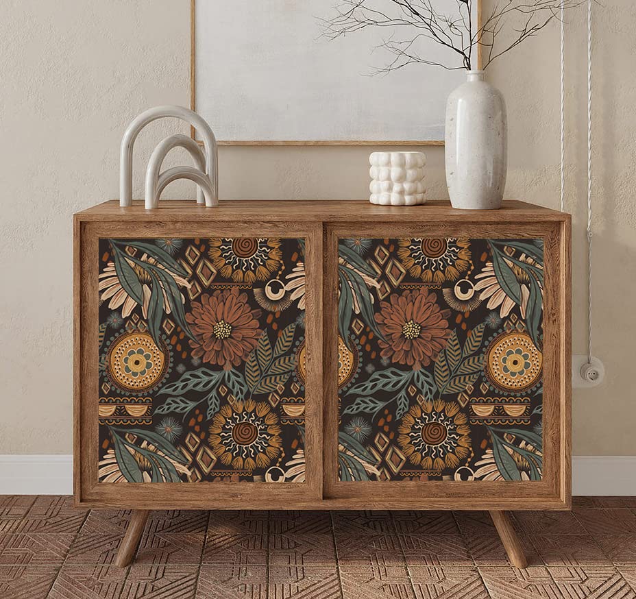 HAOKHOME Wallpaper Peel and Stick Floral Boho Brown/PeachPuff/Green Retro Wall Decor Bathroom Removable Mural 17.7in x 6.6ft