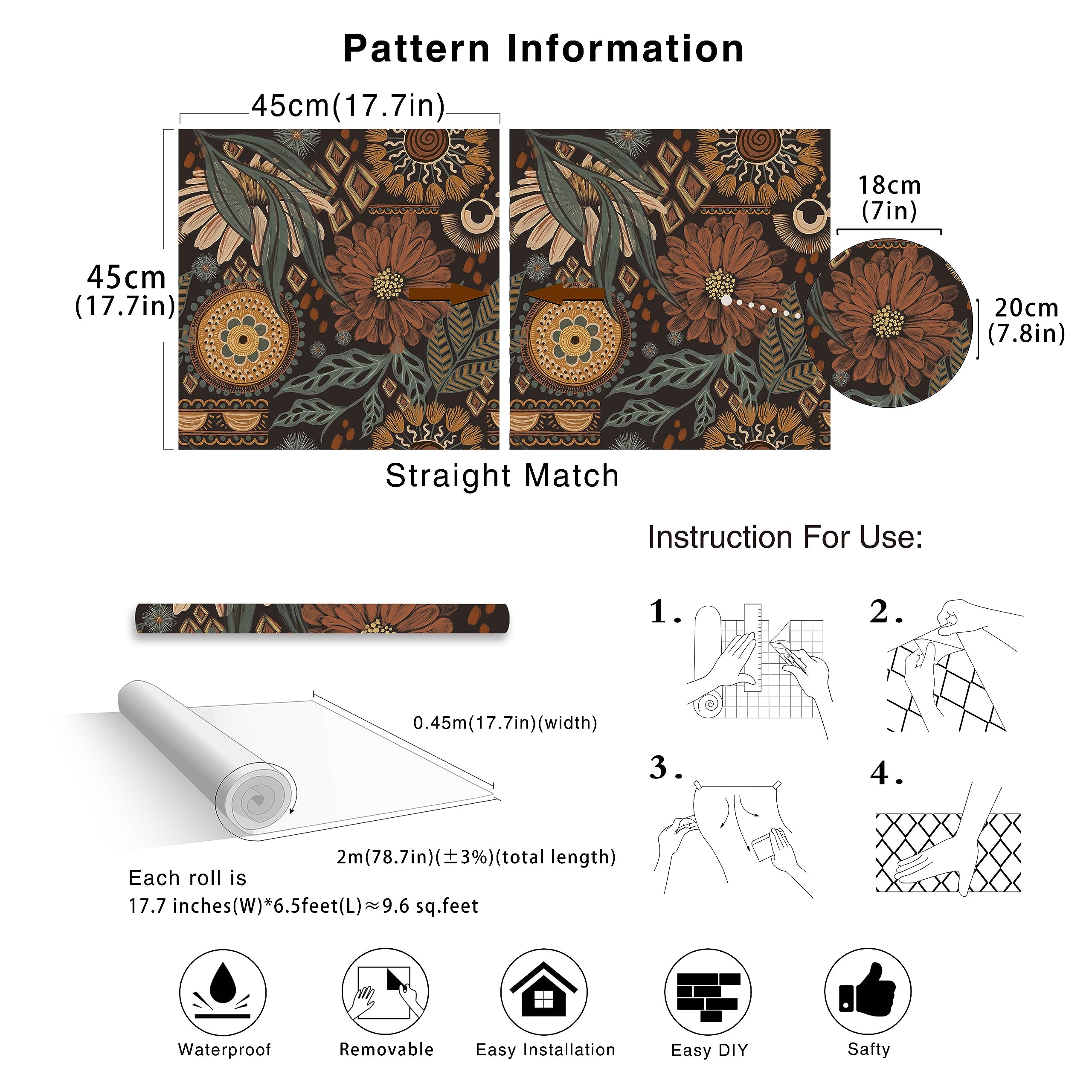 HAOKHOME Wallpaper Peel and Stick Floral Boho Brown/PeachPuff/Green Retro Wall Decor Bathroom Removable Mural 17.7in x 6.6ft