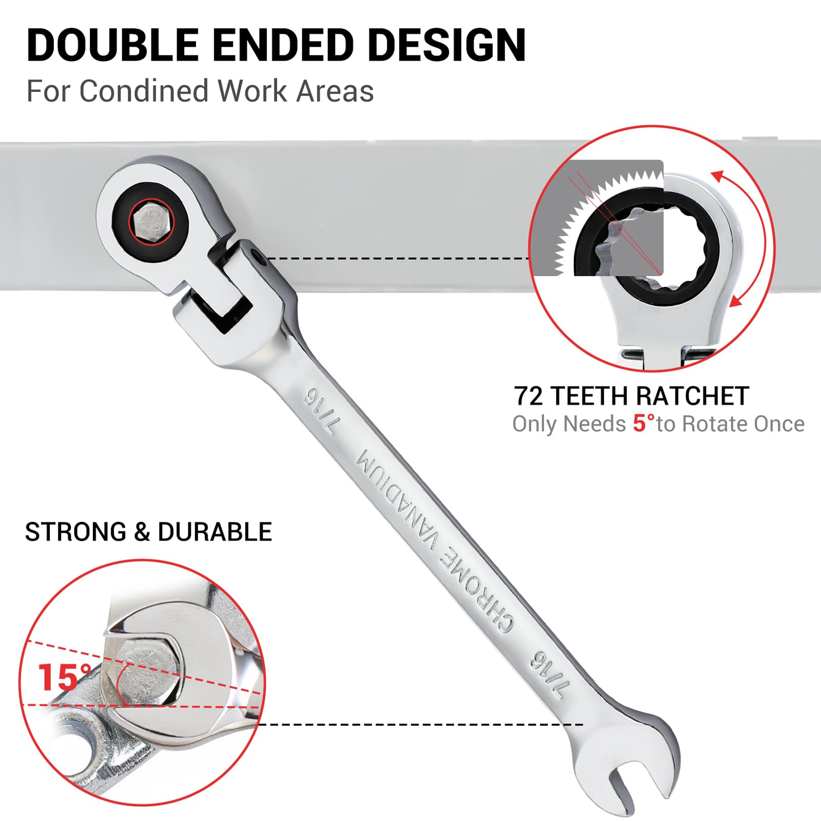 Pilida 1/2 Inch Ratcheting Combination Wrench 12 Point SAE Flex Head Gear Wrench Rachet Box End Spanner 72 Teeth Chrome Vanadium Steel