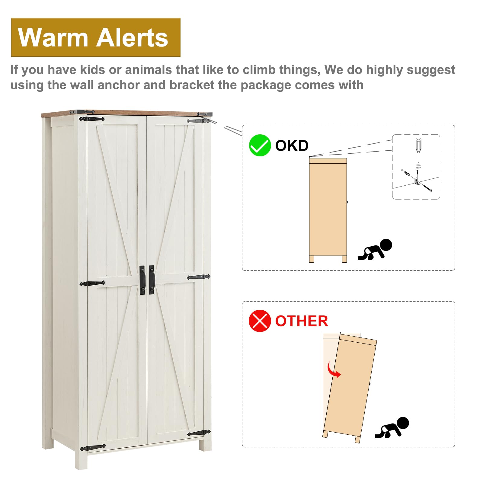 OKD Storage Cabinet, 32''W Farmhouse Kitchen Pantry Cabinet with 2 Barn Doors and Shelves, Rustic Armoire Cabinet w/Hanging Rod, 72'' Tall Linen Cabinet for Kitchen, Bedroom, Laundry, Antique White