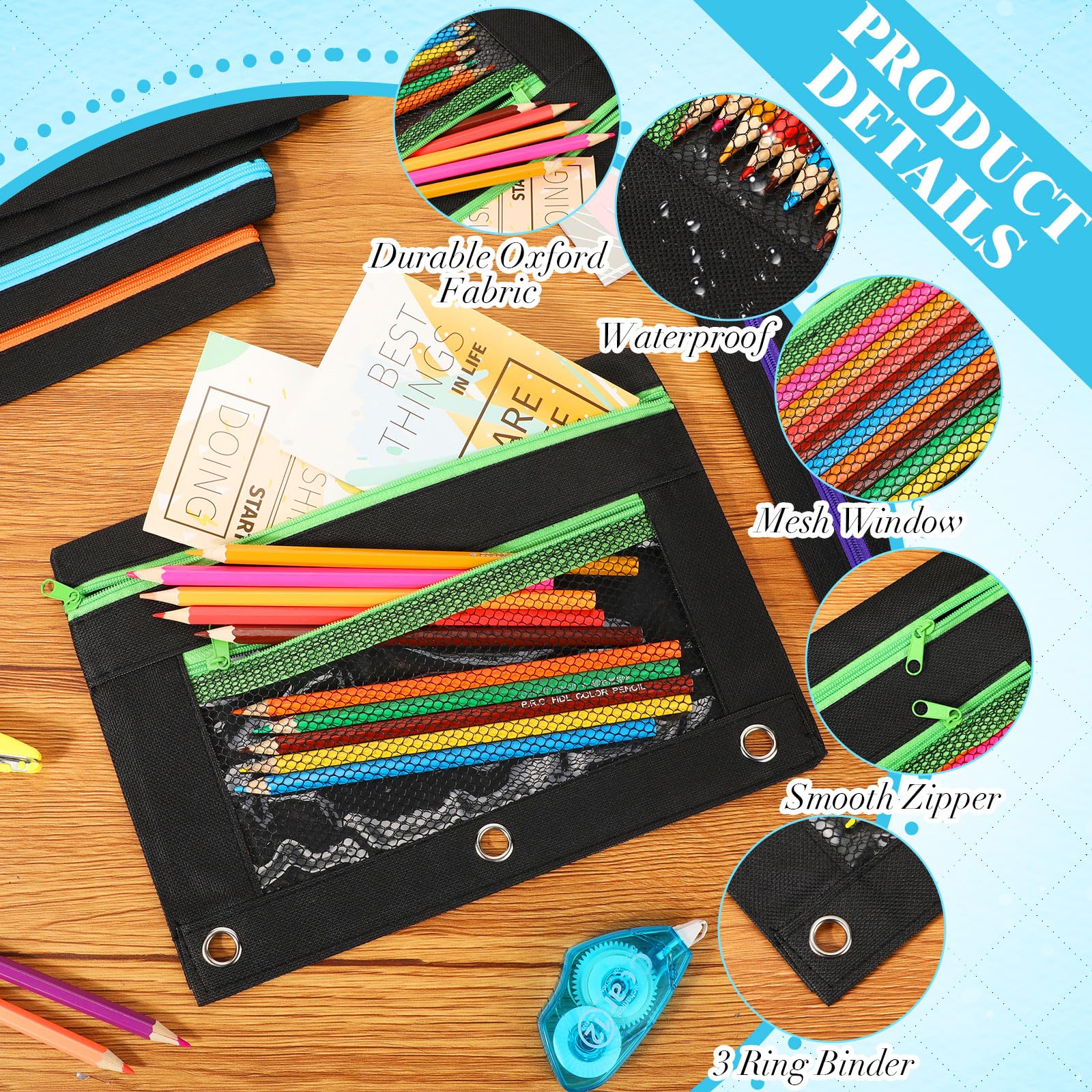 Zhehao 150 Pieces Zipper Binder Pencil Pouches 3 Ring Binder Zipper Pouches Case with Window Ring Pencil Bags Case or Office School Students Supplies(2 Zipper,Black)