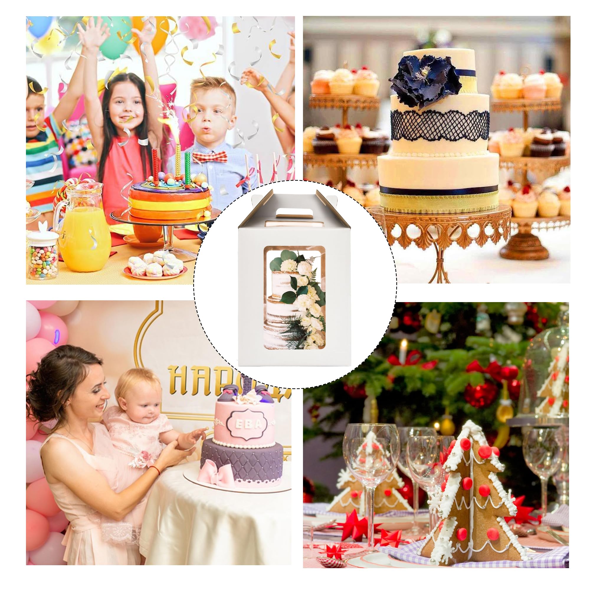 Hzzycaxli 6 Pack Tall Cake Boxes with 4 windows and Cake Boards,12x12x14 Inch Large Tiered Cake Box for Wedding Birthday Transport,10in 12in Durable White Bakery Box Disposable Cake Containers