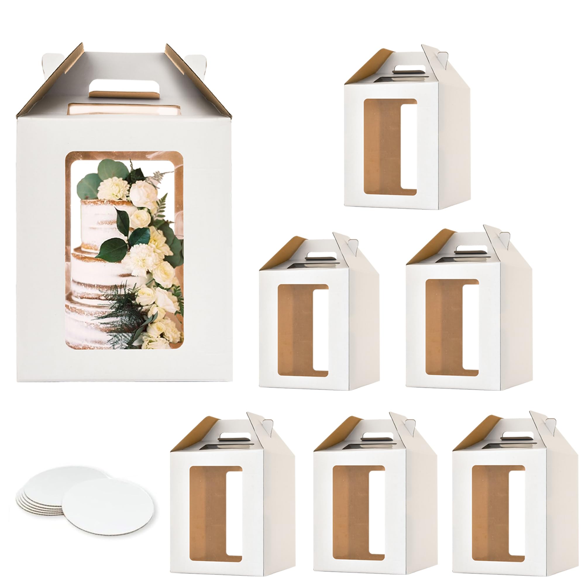 Hzzycaxli 6 Pack Tall Cake Boxes with 4 windows and Cake Boards,12x12x14 Inch Large Tiered Cake Box for Wedding Birthday Transport,10in 12in Durable White Bakery Box Disposable Cake Containers