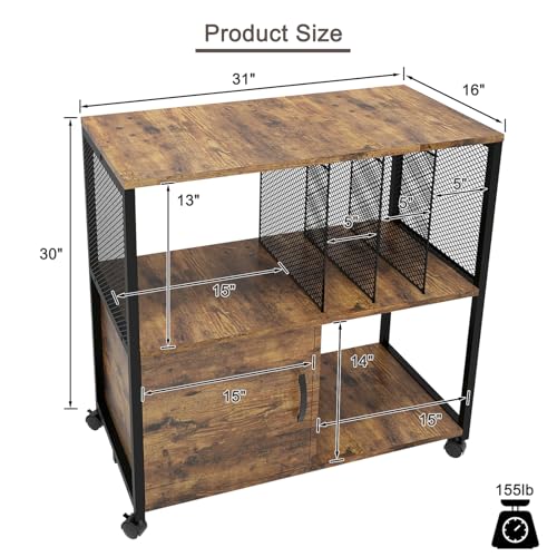 PUNCIA Mobile Wood Lateral File Archive Folder Cabinets with 3 Compartments Rack for Binder Storage Rolling Filing Printer Cabinet with Wheels and Open Storage Shelves for Home Office