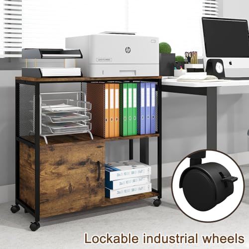PUNCIA Mobile Wood Lateral File Archive Folder Cabinets with 3 Compartments Rack for Binder Storage Rolling Filing Printer Cabinet with Wheels and Open Storage Shelves for Home Office