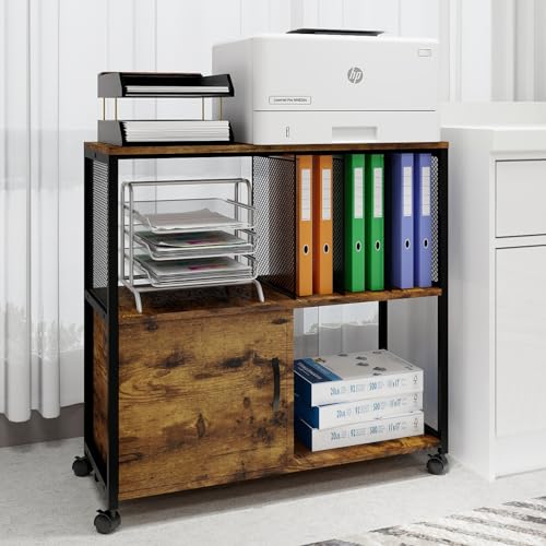 PUNCIA Mobile Wood Lateral File Archive Folder Cabinets with 3 Compartments Rack for Binder Storage Rolling Filing Printer Cabinet with Wheels and Open Storage Shelves for Home Office